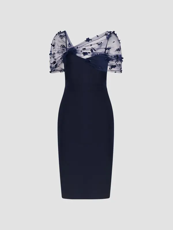 Theia Gia Beaded Shawl-embellished Dress - Navy