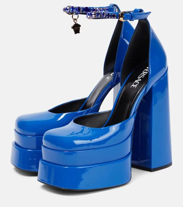 Versace Medusa Aevitas Patent Leather Platform Pumps - Blue