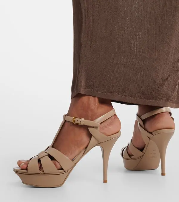 Saint Laurent Tribute 105 Leather Platform Sandals - Beige