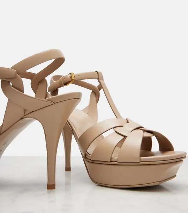 Saint Laurent Tribute 105 Leather Platform Sandals - Beige