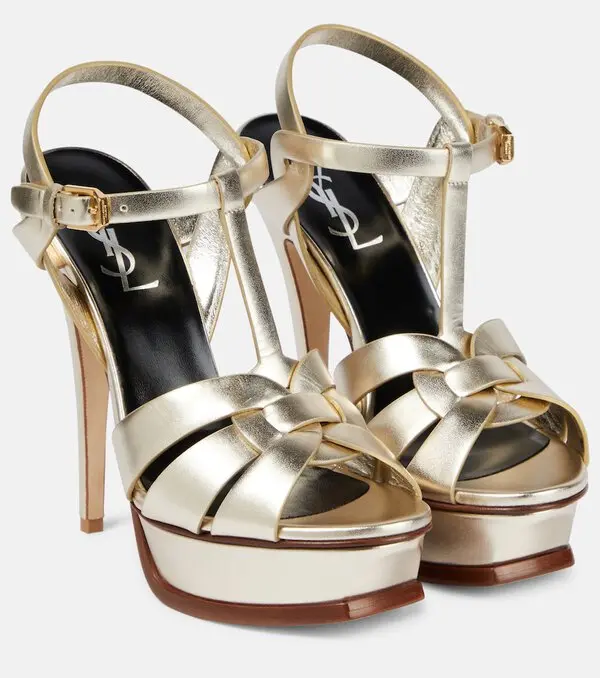 Saint Laurent Tribute 105 Leather Platform Sandals - Metallic