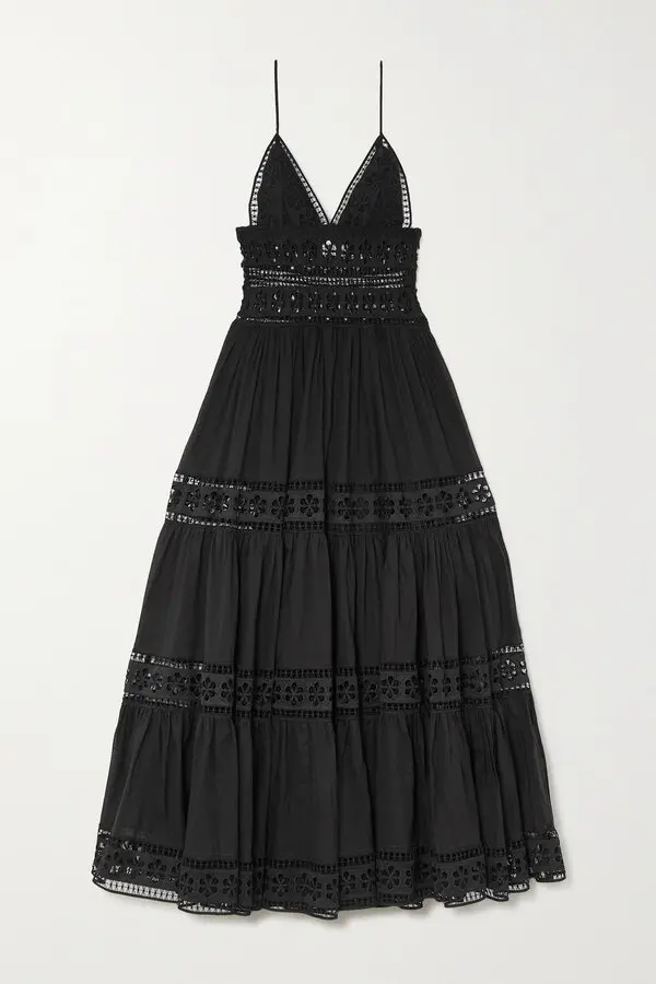 Charo Ruiz Ibiza Isca Guipure Lace-Trimmed Tiered Cotton-Blend Poplin Maxi  Dress In Black - 50% Off | Editorialist