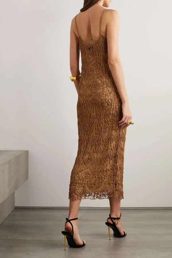 tom ford crochet dress Tom Ford Crochet-Knit Midi Dress In Brown - 60% Off
