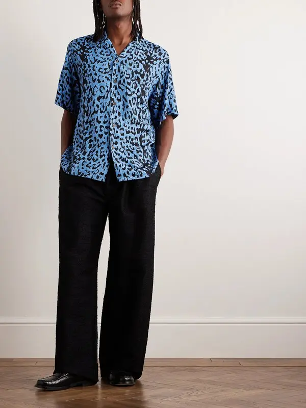 Wacko Maria Camp-Collar Leopard-Print Satin Shirt In Blue - 30