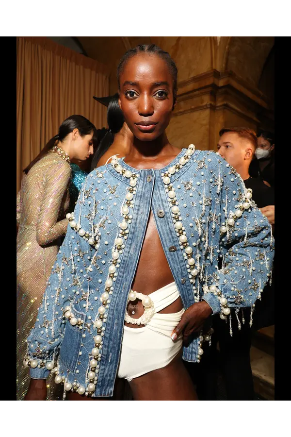 Patbo Hand-Beaded Pearl And Rhinestone Jacket Runway - Denim