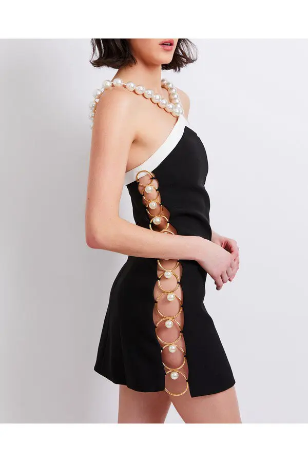 Patbo Colorblock Pearl-Beaded Mini Dress Runway - Black | Editorialist