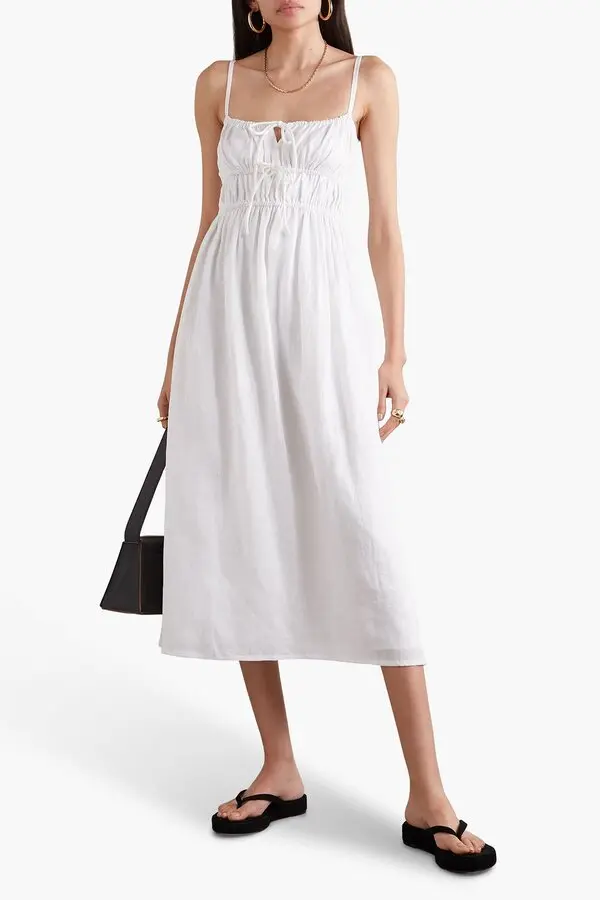 Faithfull The Brand Francesca Shirred Linen Midi Dress In White - 50% Off |  Editorialist