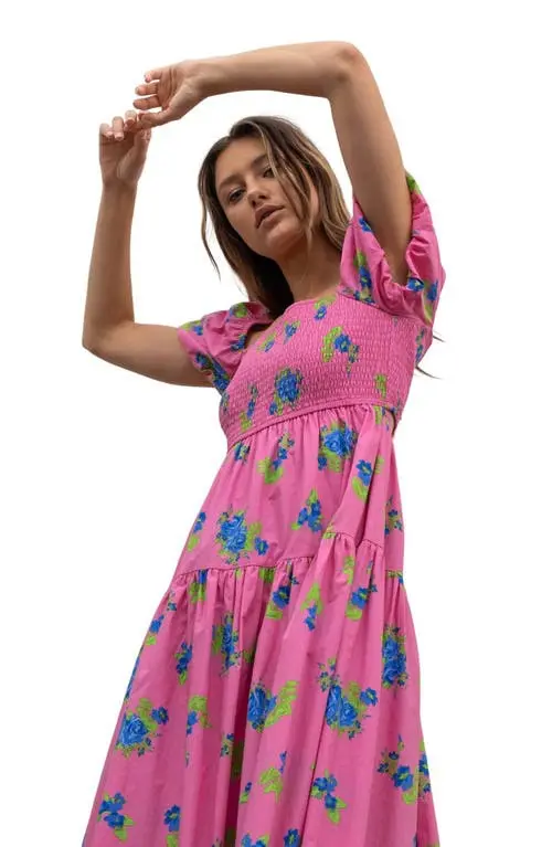 moon river pink floral dress Moon River Floral Picot Trim Smocked Bodice Sundress - Ivory/Pink Multi -  25% Off