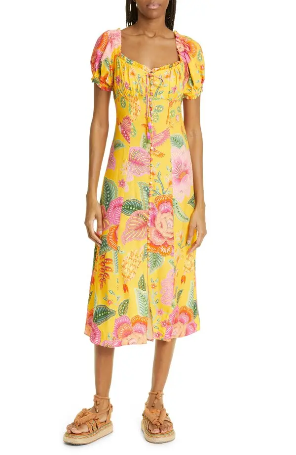 knee length dresses for ladies Farm Rio Yellow Flowering Garden Tree Organic Cotton Maxi Dress, Flowering Garden Tree Yellow / Xs