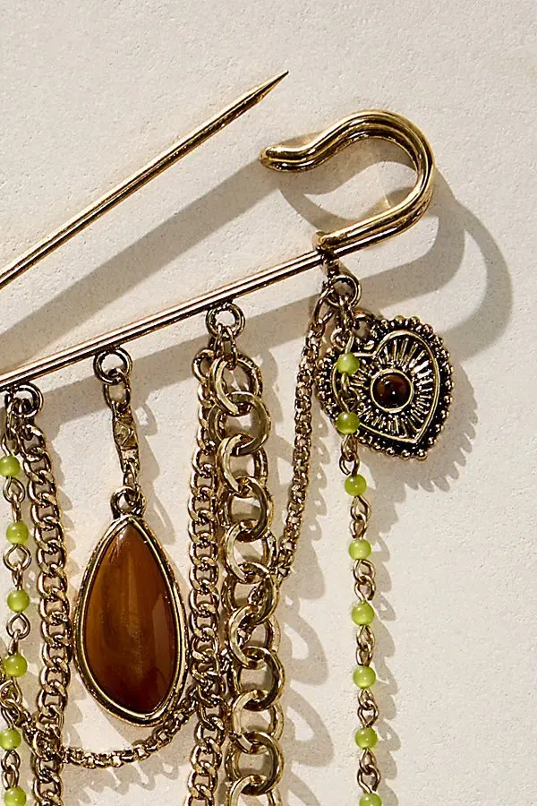 Free People Oversized Safety Pin With Dangling Chains And Charms