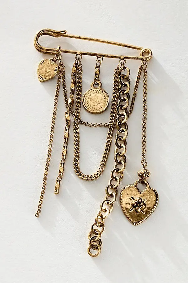 Free People Oversized Safety Pin With Dangling Chains And Charms - Gold