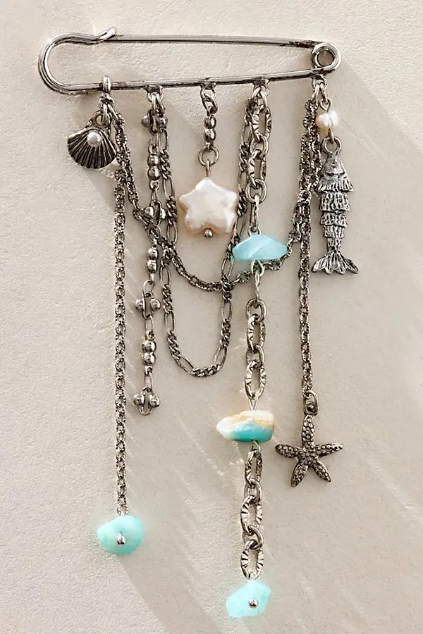 Free People Oversized Safety Pin With Dangling Chains And Charms - Silver Beachy
