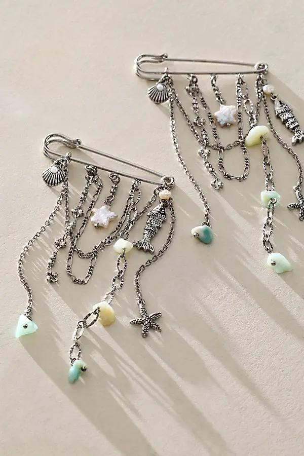 Free People Oversized Safety Pin With Dangling Chains And Charms