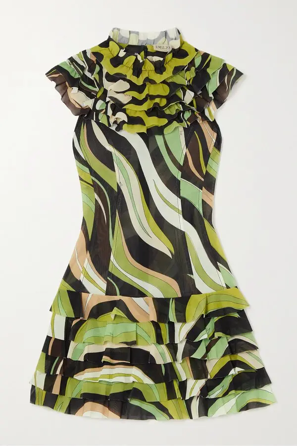 Emilio Pucci Ruffled Tiered Printed Mini Dress In Green - 40% Off |  Editorialist