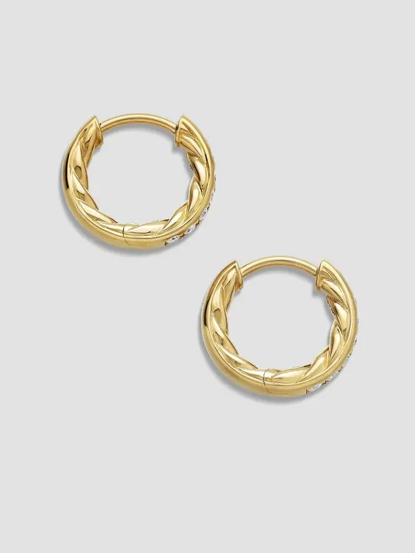 David Yurman Pavé Huggie Hoop Earrings In 18k With Diamonds, 13mm