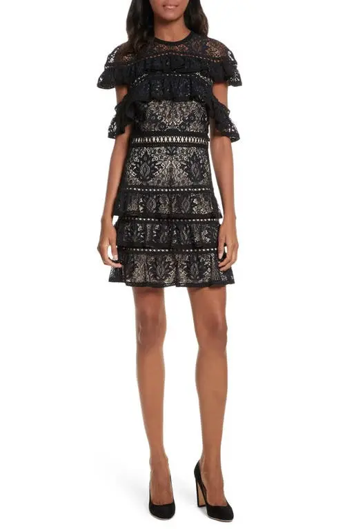 Alice + Olivia Jolie Tiered Ruffle Lace A-line Dress