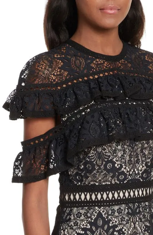 Alice + Olivia Jolie Tiered Ruffle Lace A-line Dress