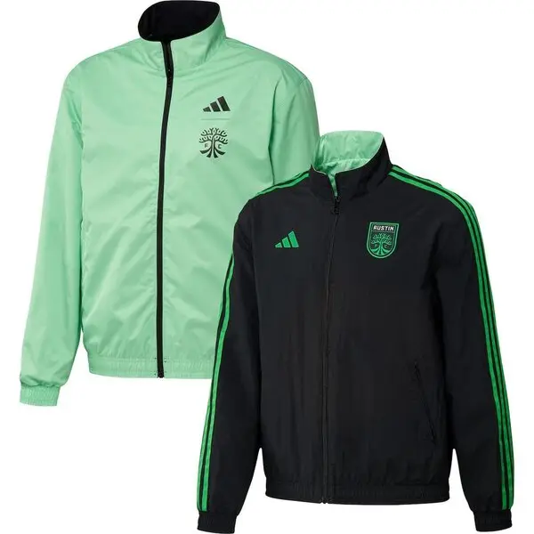 Adidas Green Austin Fc 2023 On-field Anthem Full-zip Reversible Team Jacket - Black