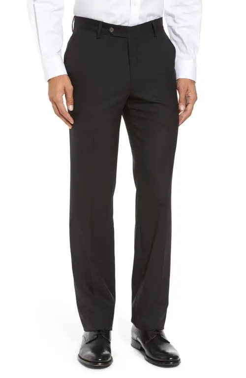 Berle Flat Front Stretch Solid Wool Trousers - Black