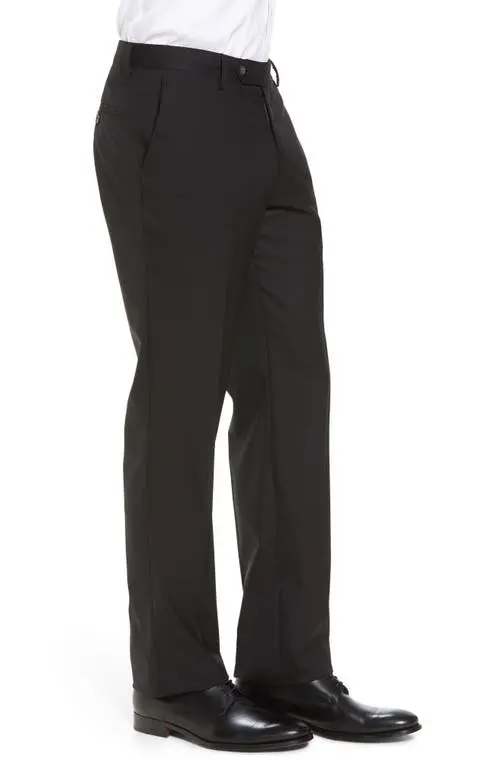 Berle Flat Front Stretch Solid Wool Trousers - Black