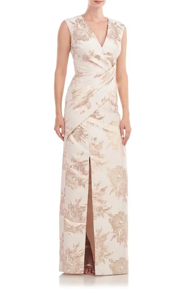 Kay Unger Donna Pleated Column Gown - Champagne