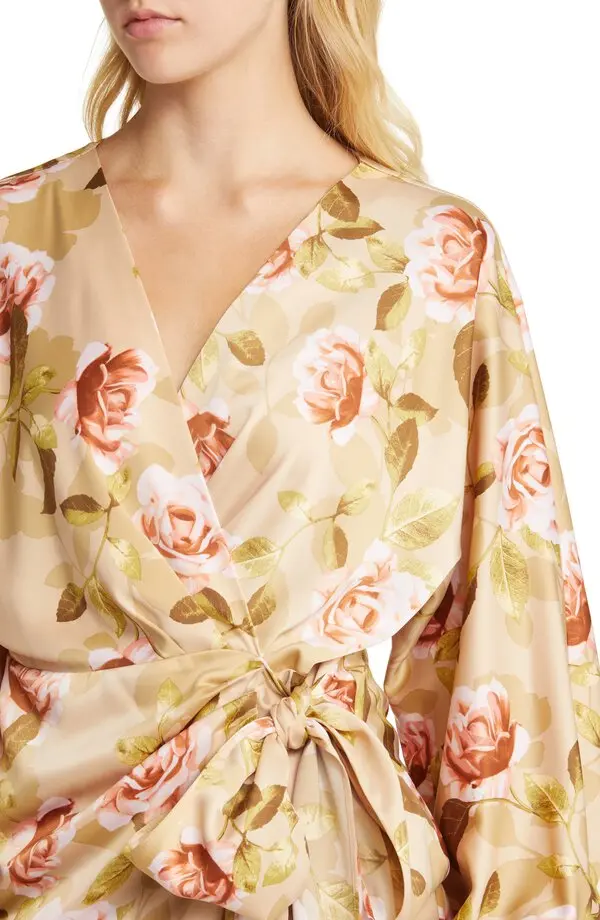 wayf champagne dress Wayf Amour Long Sleeve Linen Blend Wrap Dress - Champagne Roses