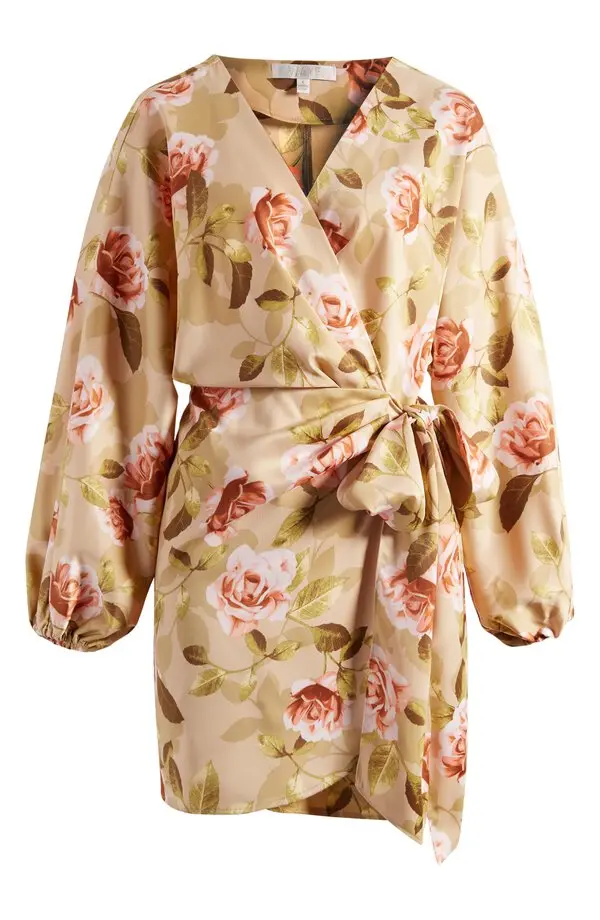 wayf champagne dress Wayf Amour Long Sleeve Linen Blend Wrap Dress - Champagne Roses