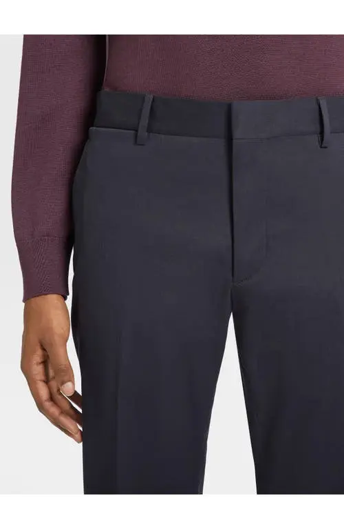 Zegna Flat Front Stretch Cotton Gabardine Trousers - Navy
