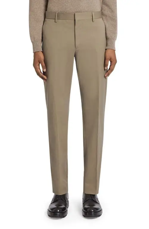 Zegna Flat Front Stretch Cotton Gabardine Trousers