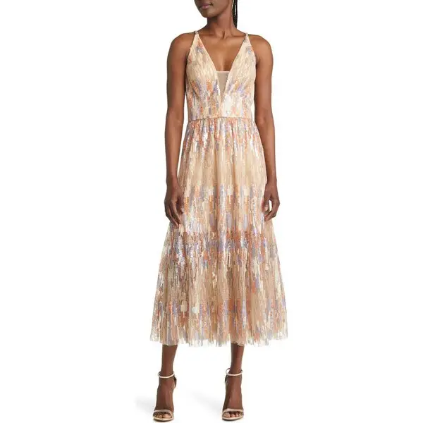 Dress The Population Sierra Sequin Plunge Neck Gown In Beige Multi - 51%  Off | Editorialist