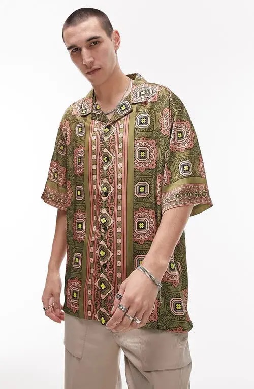 Topman Print Short Sleeve Satin Button-up Shirt - Green Multi