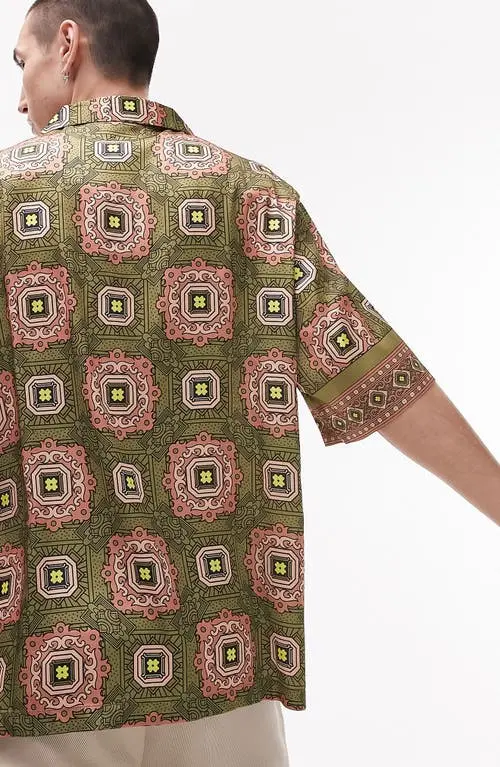 Topman Print Short Sleeve Satin Button-up Shirt