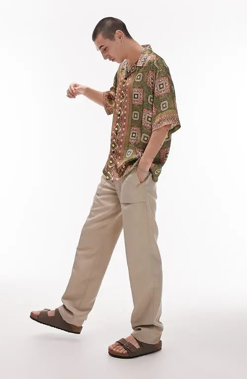 Topman Print Short Sleeve Satin Button-up Shirt