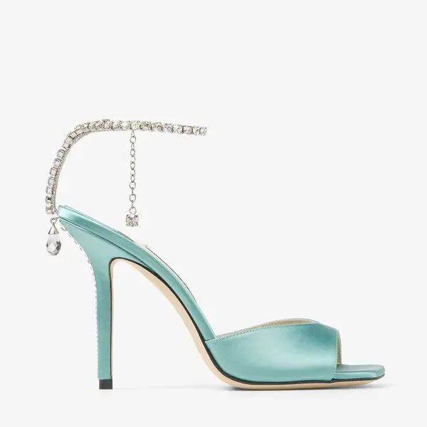 JIMMY CHOO Saeda Sandal 100 Smoke Green Satin Sandals With Crystal Chain