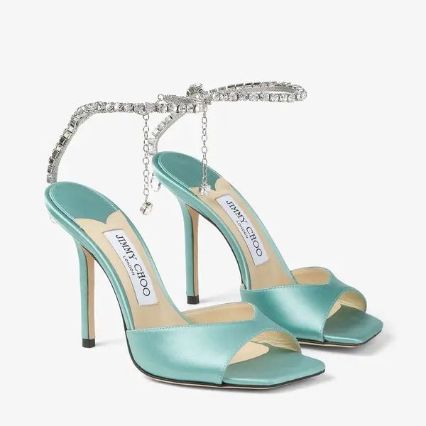 JIMMY CHOO Saeda Sandal 100 Smoke Green Satin Sandals With Crystal Chain