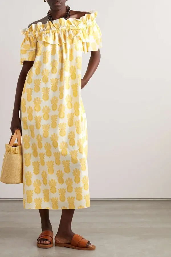 La DoubleJ Breakfast Off-the-shoulder Printed Cotton-poplin Maxi Dress