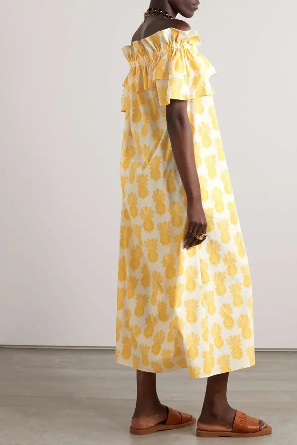 La DoubleJ Breakfast Off-the-shoulder Printed Cotton-poplin Maxi Dress