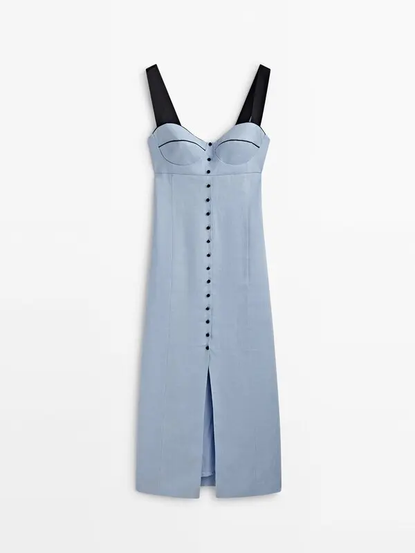 Massimo Dutti Linen Sweetheart Neck Dress With Contrast Detail Studio In  Sky Blue - 50% Off | Editorialist