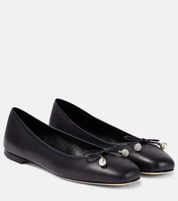 JIMMY CHOO Elme Embellished Leather Ballet Flats - Black