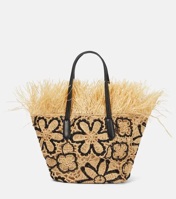 Oscar De La Renta Floral Crochet Straw Basket Bag