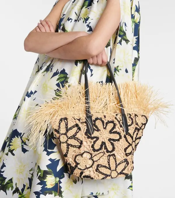 Oscar De La Renta Floral Crochet Straw Basket Bag