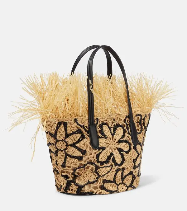 Oscar De La Renta Floral Crochet Straw Basket Bag