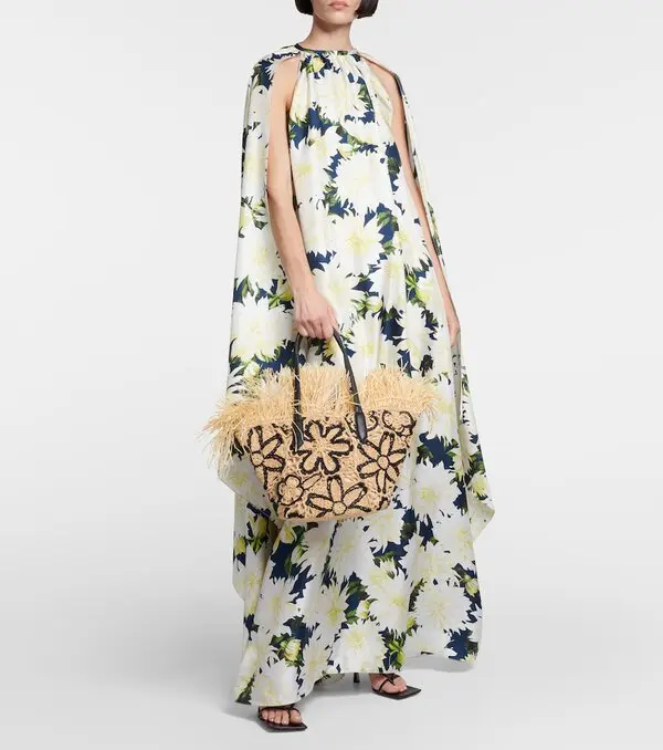 Oscar De La Renta Floral Crochet Straw Basket Bag