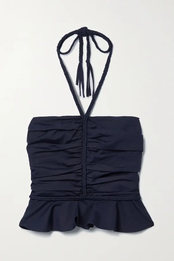 Veronica Beard Arienne Ruched Stretch-cotton Poplin Halterneck Top