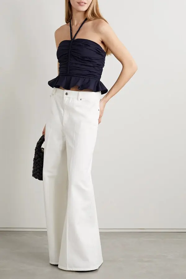 Veronica Beard Arienne Ruched Stretch-cotton Poplin Halterneck Top