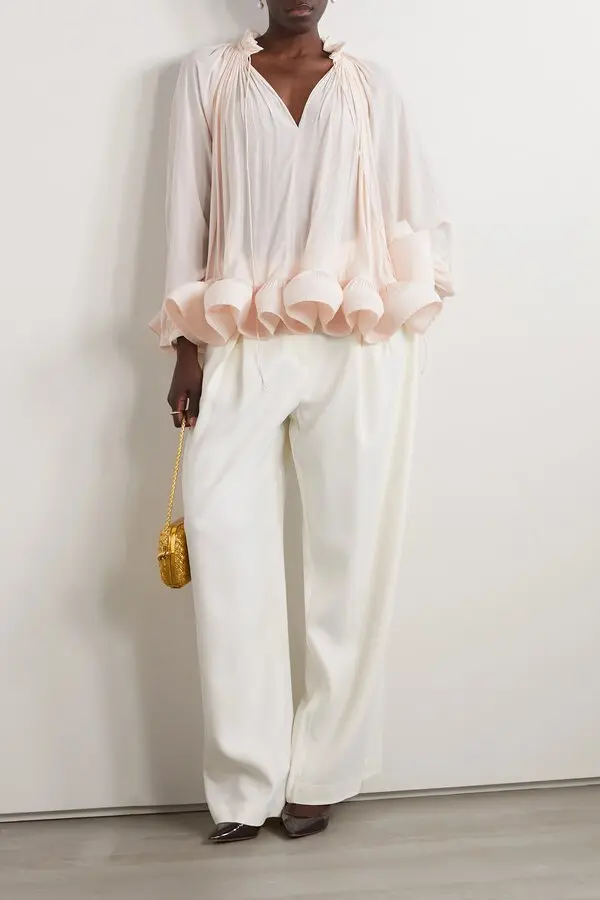 LANVIN Ruffled Gathered Charmeuse Blouse - Pink
