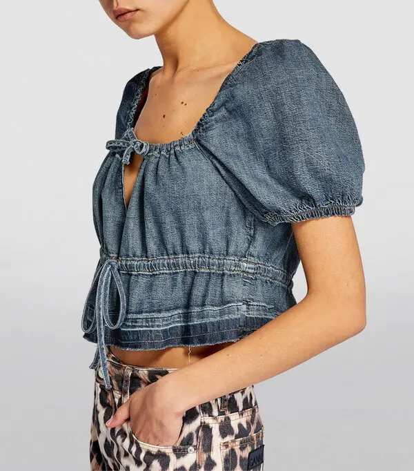 Ganni Puff-Sleeved Denim Top In Blue - 31% Off | Editorialist