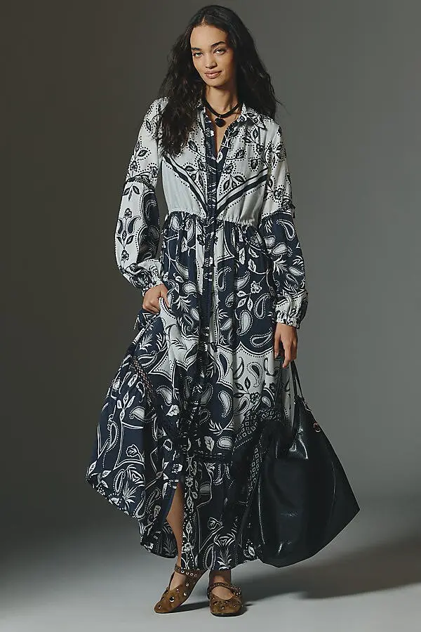 Anthropologie Eleanora Printed Buttondown Midi Shirt Dress