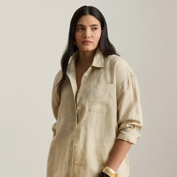 Ralph Lauren Relaxed Fit Striped Linen Shirt - Tan/white