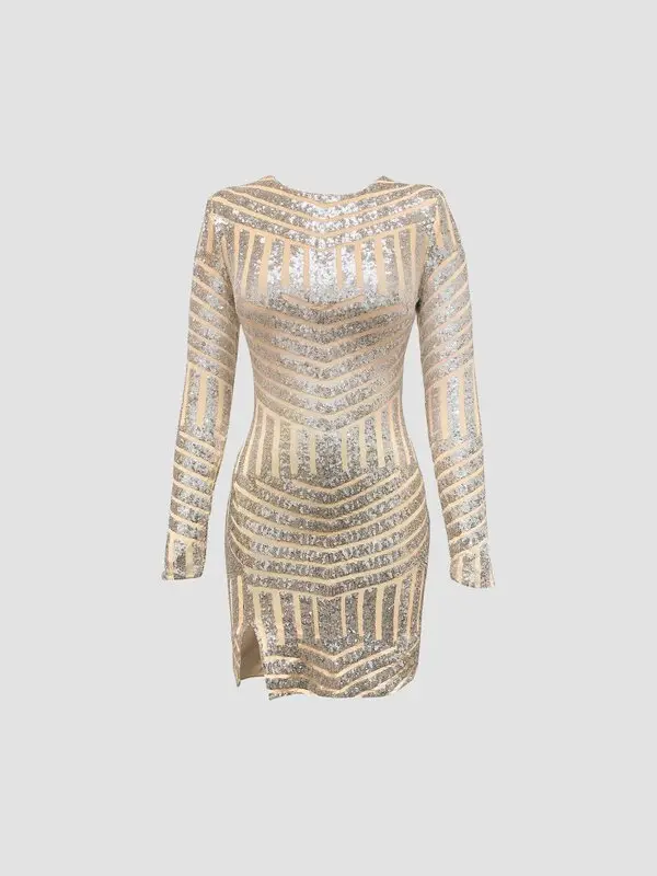 Dress The Population Nathalia Long-sleeve Minidress - Silver Nude